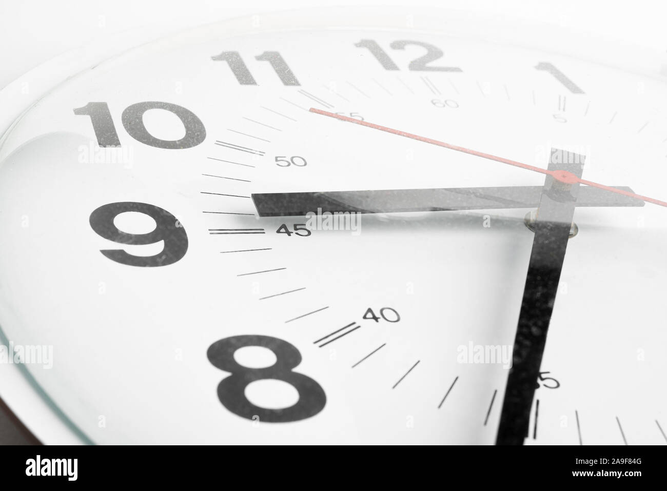 A close-up or macro shot of a broken, dirty and dusty old clock face ...