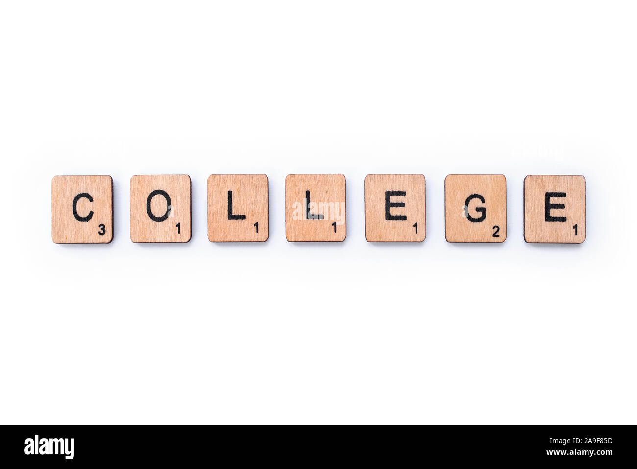 London, UK - March 27th 2019: The word COLLEGE, spelt with wooden ...