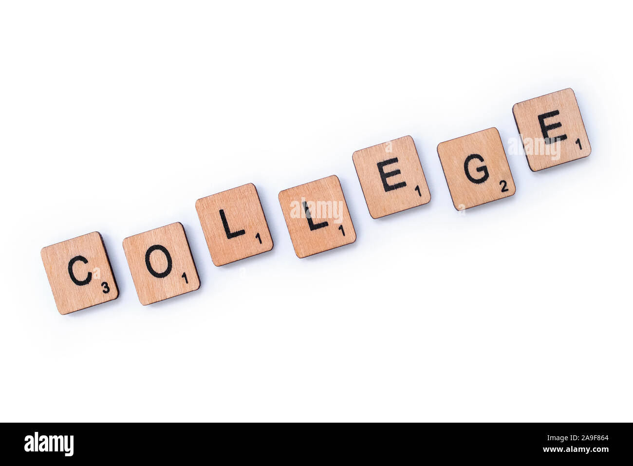 London, UK - March 27th 2019: The word COLLEGE, spelt with wooden ...