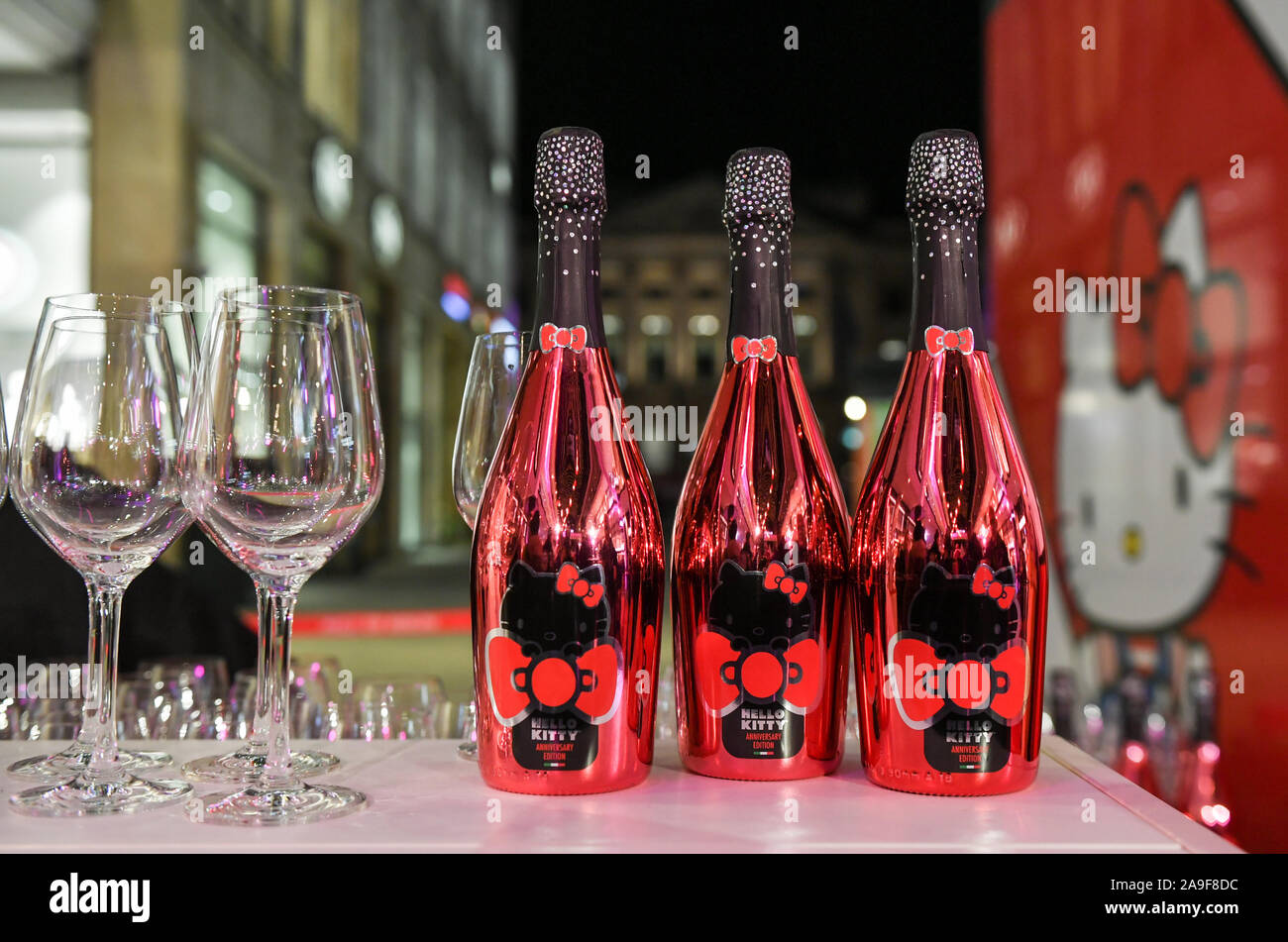 Berlin, Germany. 14th Nov, 2019. Red champagne bottles of a Hello Kitty ...