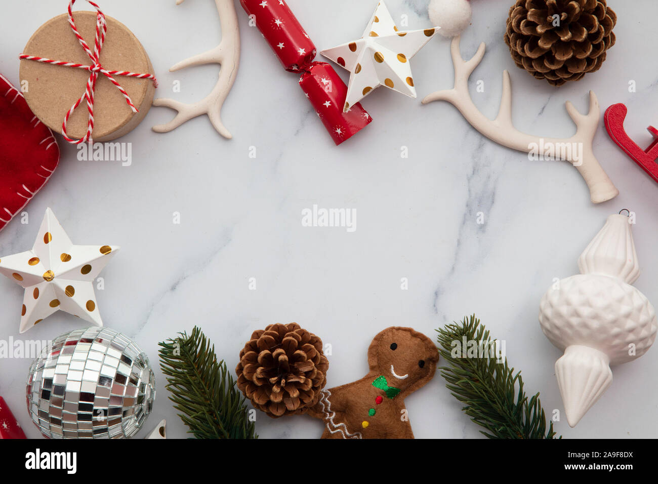 Christmas layflat compostion, festive decorations on a marble ...