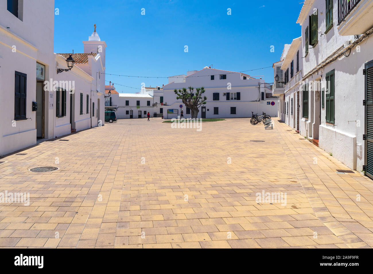 View of Traditional Spanish street in city of island Menorca Stock ...