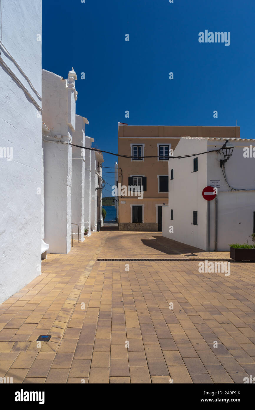 View of Traditional Spanish street in city of island Menorca Stock ...