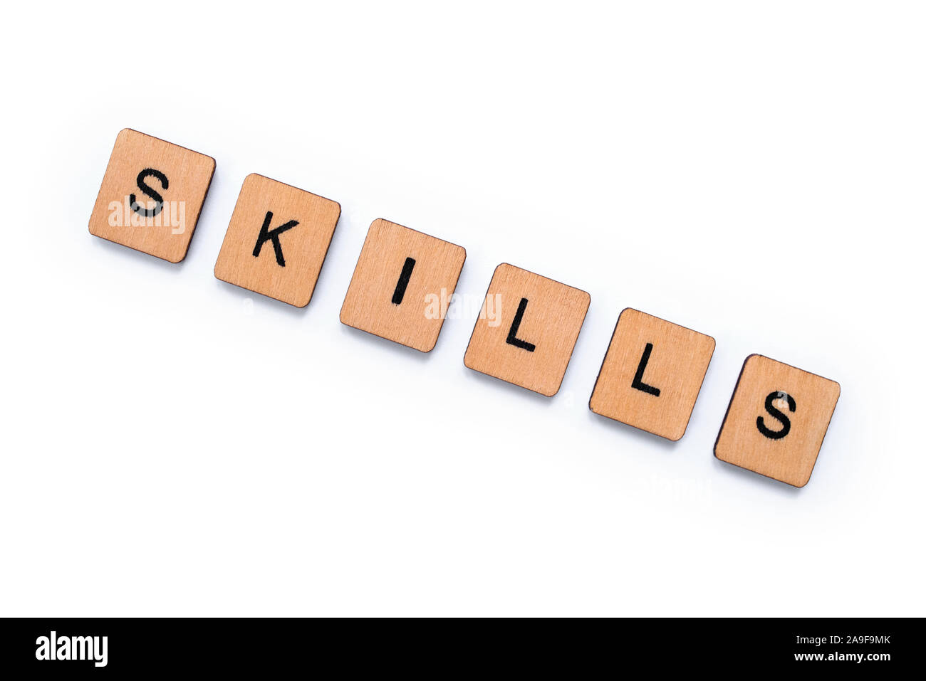 The word SKILLS, spelt with wooden letter tiles over a white background ...