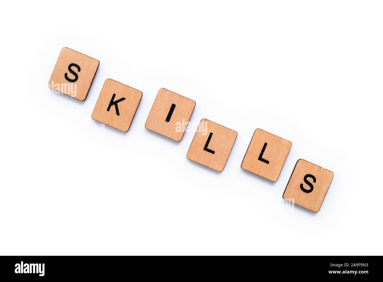 The word SKILLS, spelt with wooden letter tiles over a white background ...