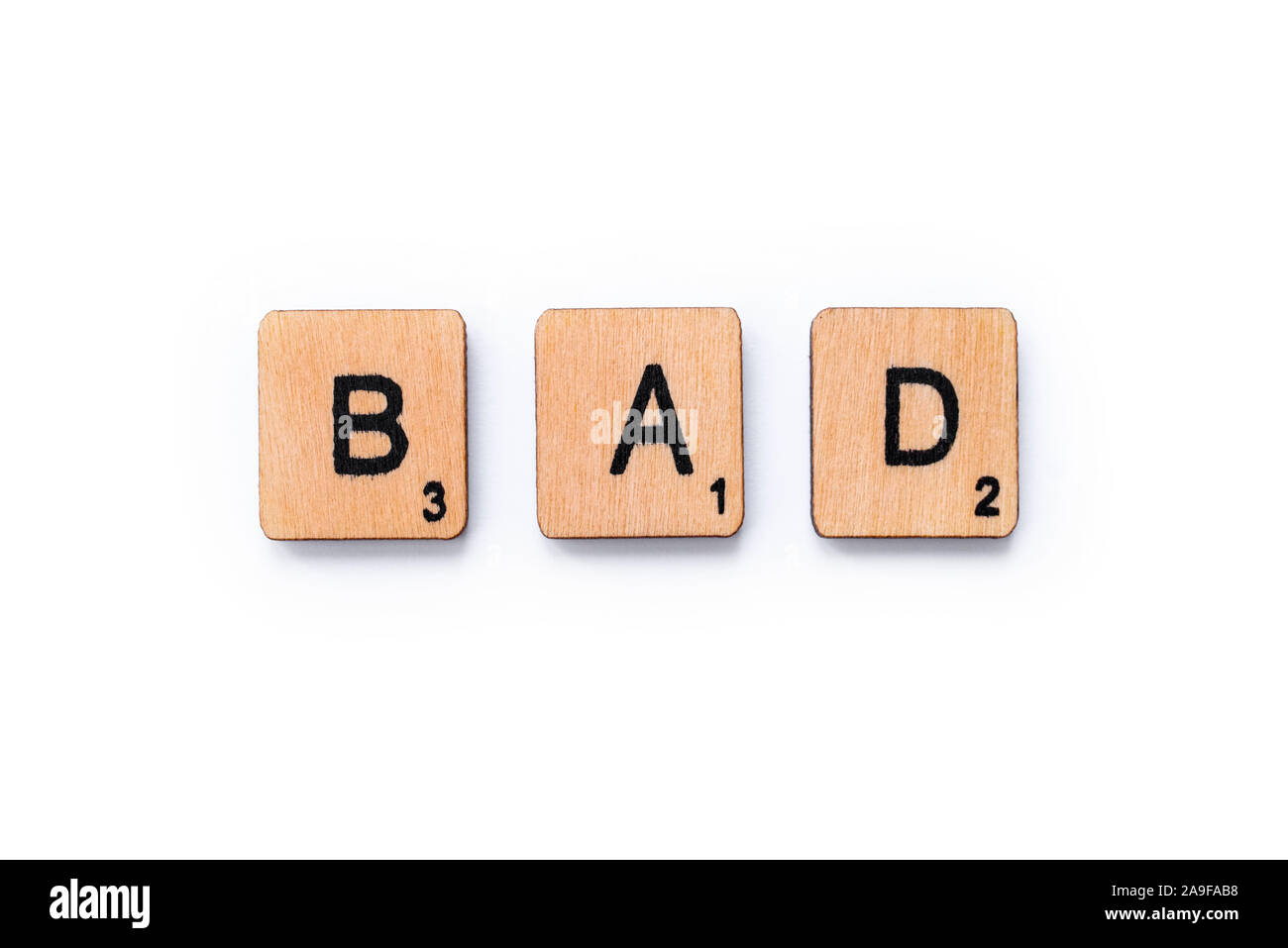 London, UK - June 12th 2019: The word BAD, spelt with wooden letter ...