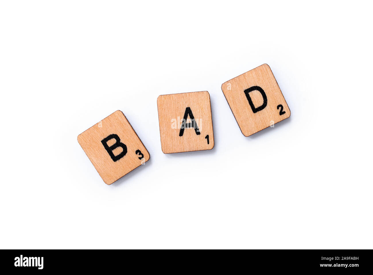 London, UK - June 12th 2019: The word BAD, spelt with wooden letter ...