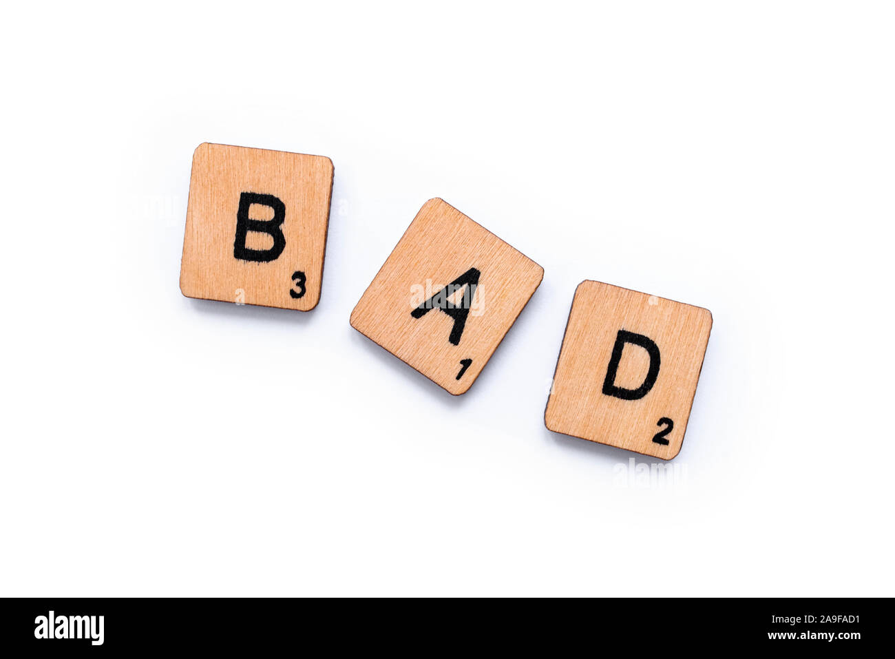 London, UK - June 12th 2019: The word BAD, spelt with wooden letter ...
