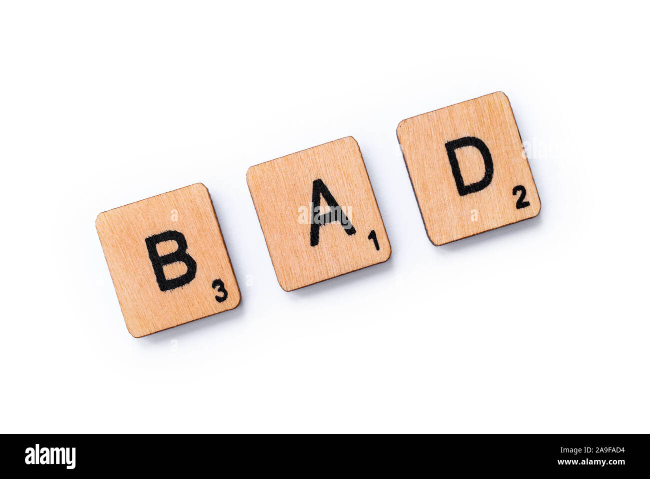London, UK - June 12th 2019: The word BAD, spelt with wooden letter ...