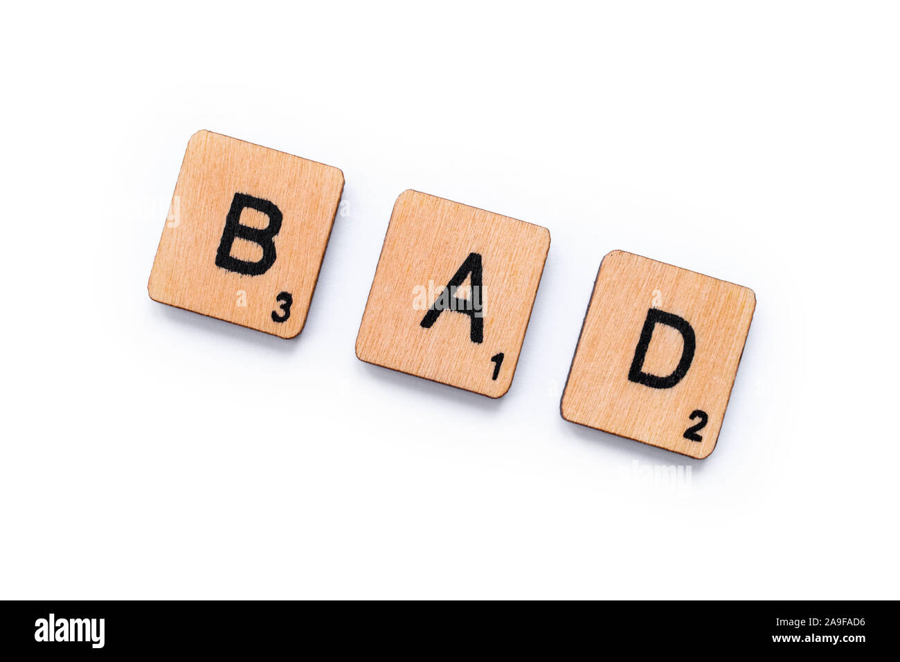 London, UK - June 12th 2019: The word BAD, spelt with wooden letter ...