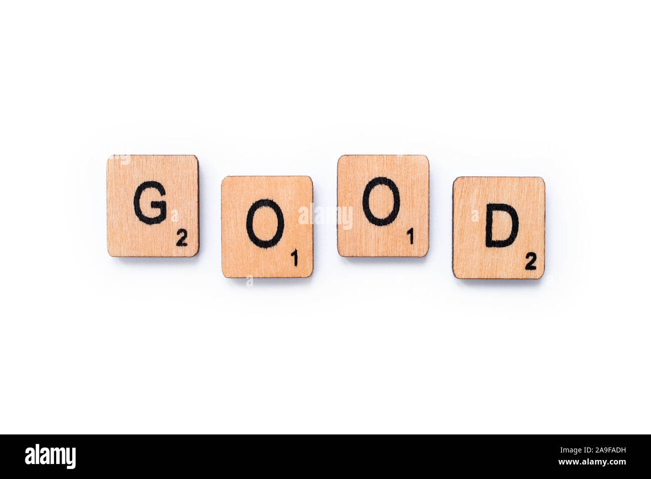 London, UK - June 12th 2019: The word GOOD, spelt with wooden letter ...