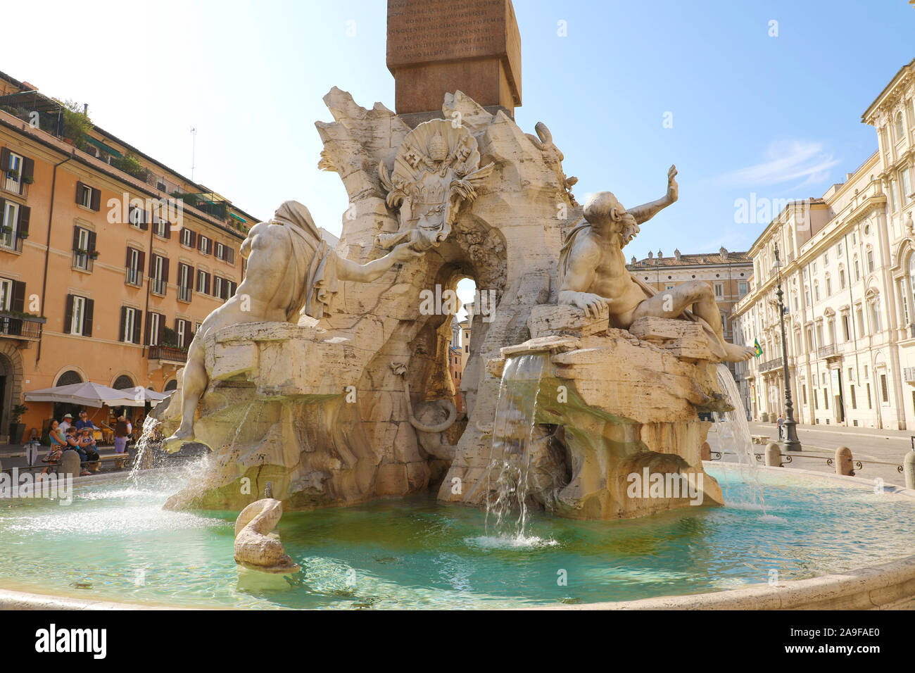 Fountain of the Four Rivers close up on the famous Piazza Navona Square ...