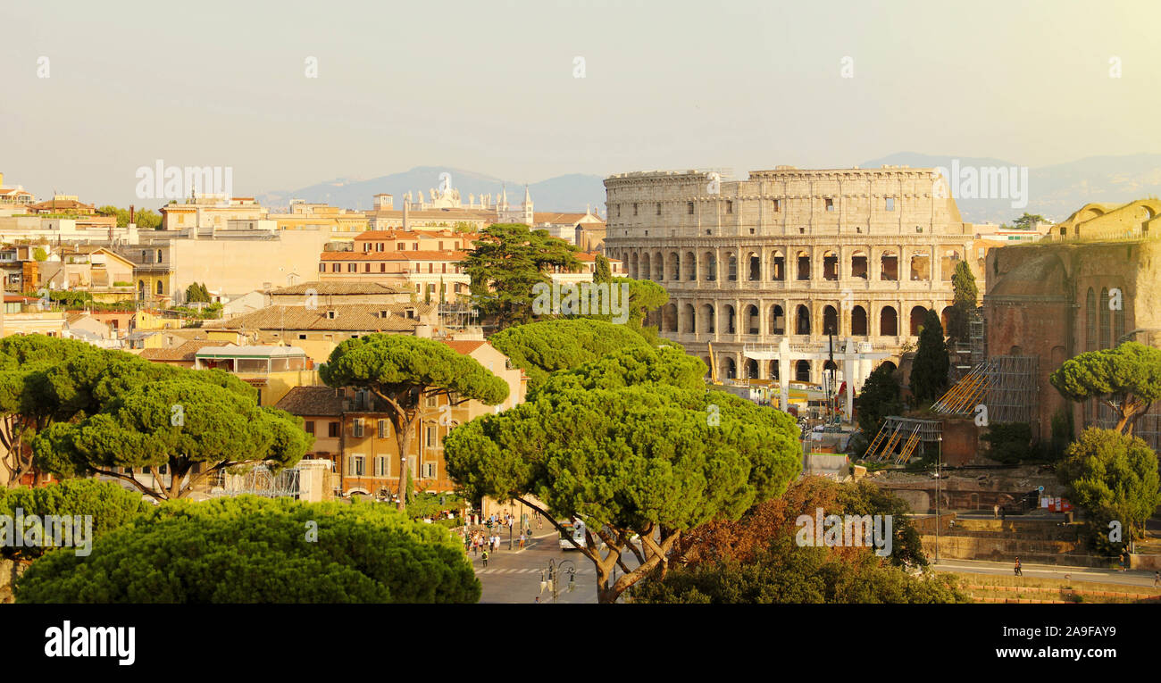Rome cityscape skyline with landmarks of the Ancient Rome: Coliseum and ...