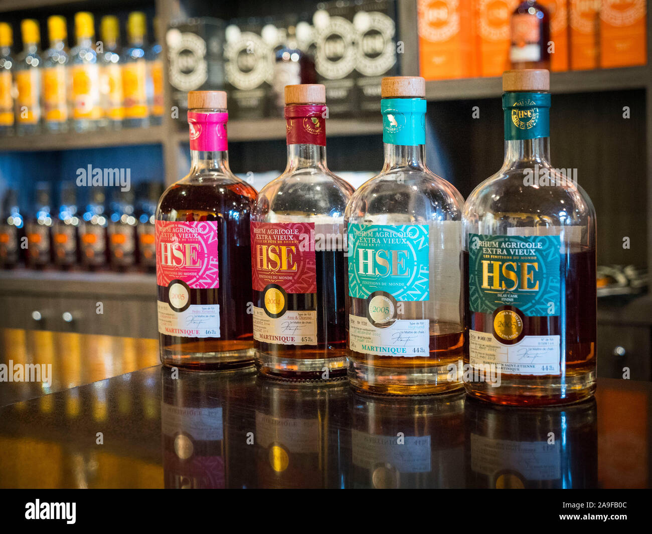 Rhum HSE, rum distillery, rum bottles, different Stock Photo - Alamy