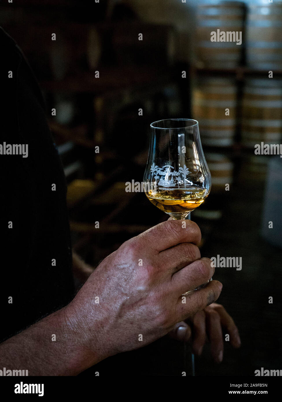 Habitation la Favorite, rum distillery, man, glass, detail ...