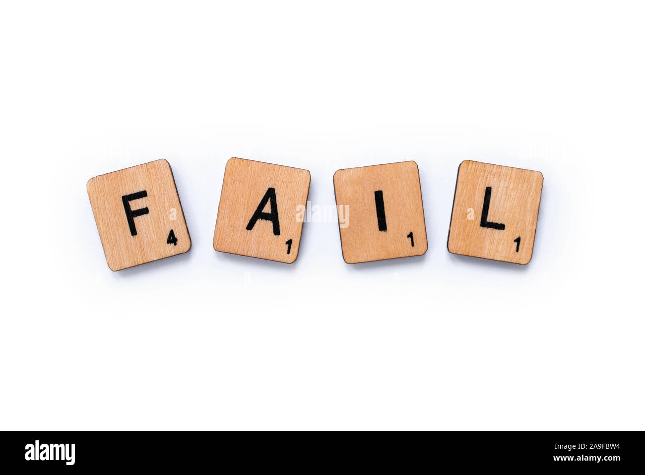 London, UK - June 12th 2019: The word FAIL, spelt with wooden letter ...