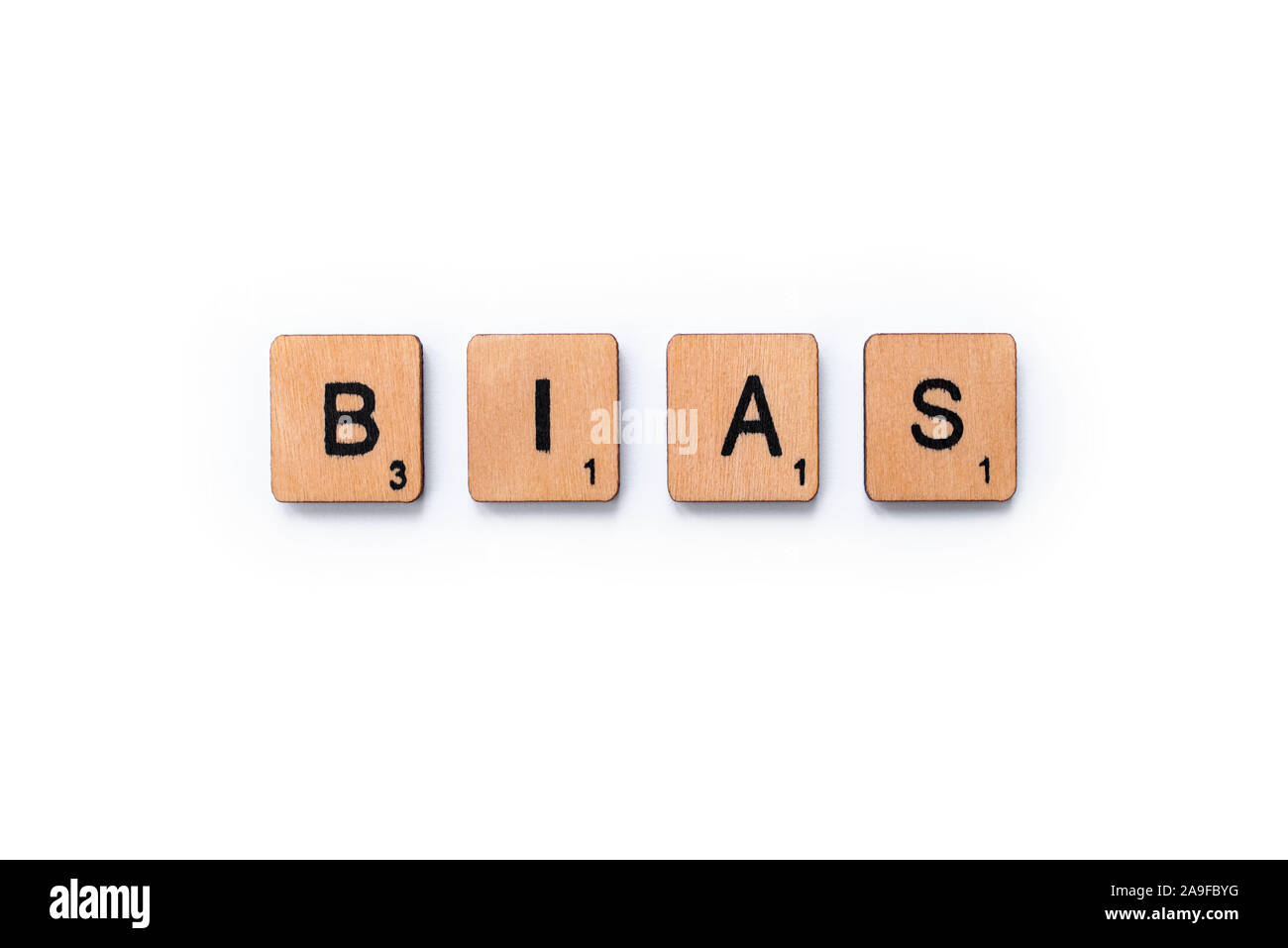 London, UK - March 27th 2019: The word BIAS, spelt with wooden letter ...