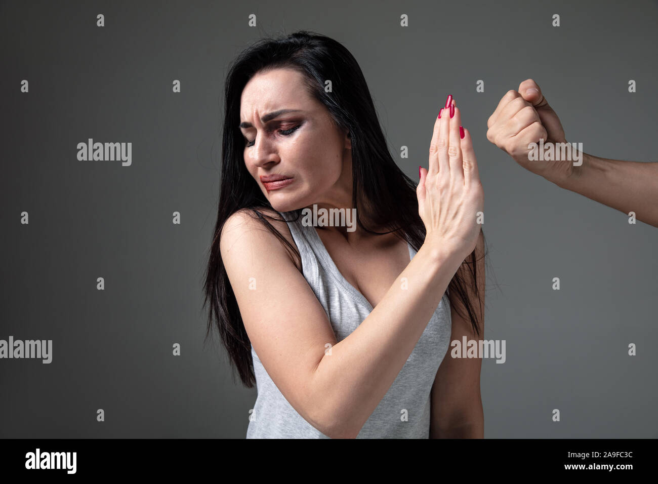 Woman in fear of domestic abuse and violence, concept of female rights ...