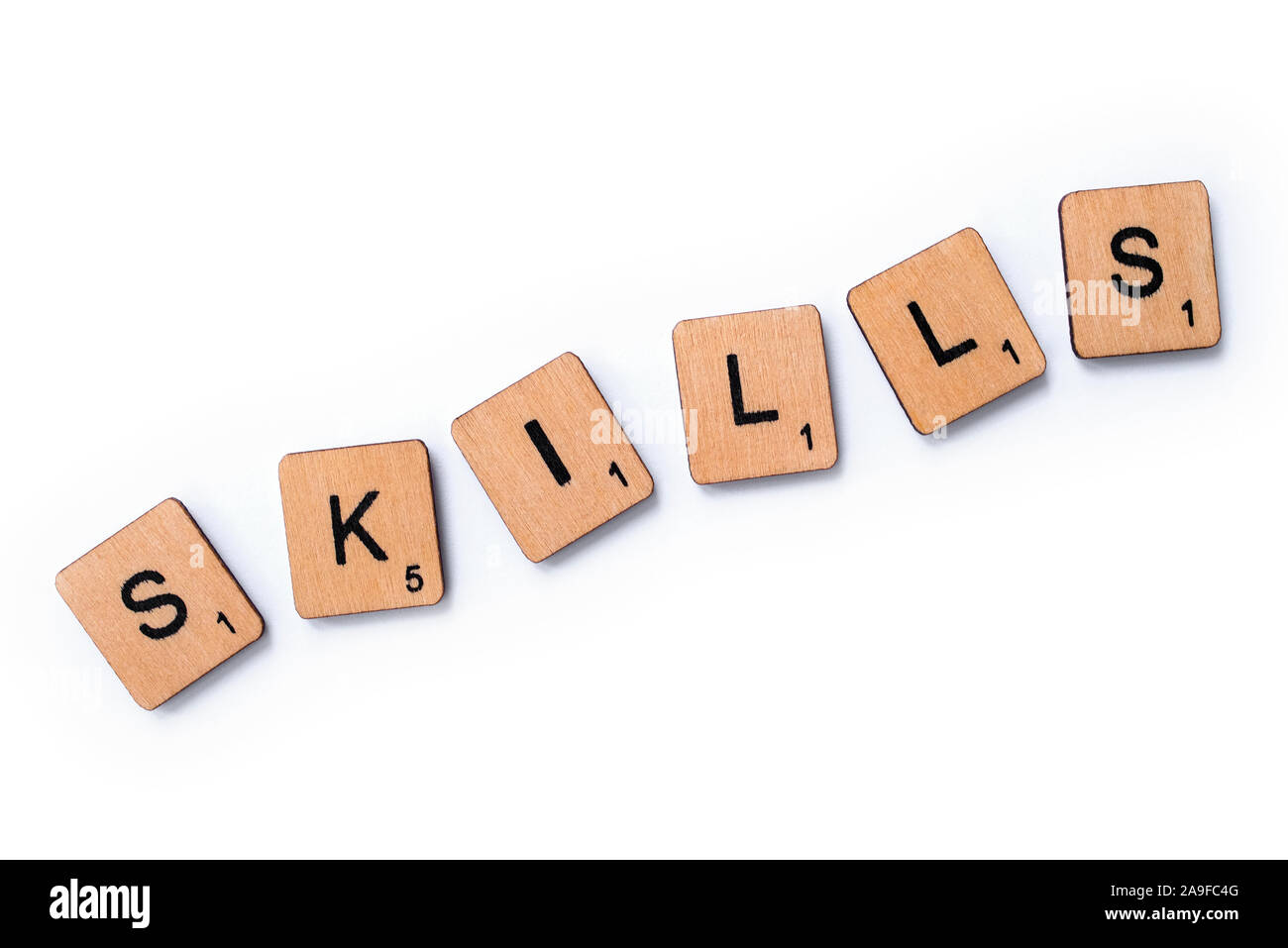 London, UK - June 12th 2019: The word SKILLS, spelt with wooden letter ...