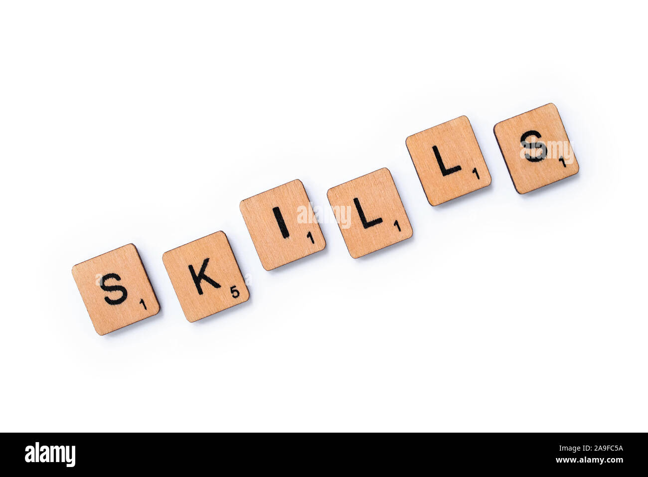 London, UK - June 12th 2019: The word SKILLS, spelt with wooden letter ...