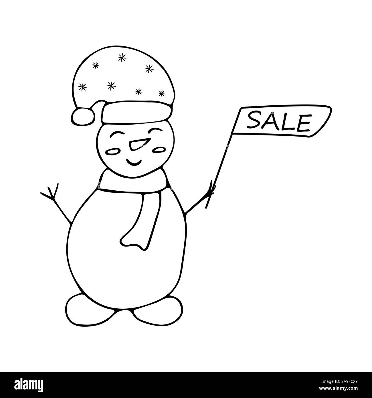 Snowman with a sale flyers on a white background in the style of a ...