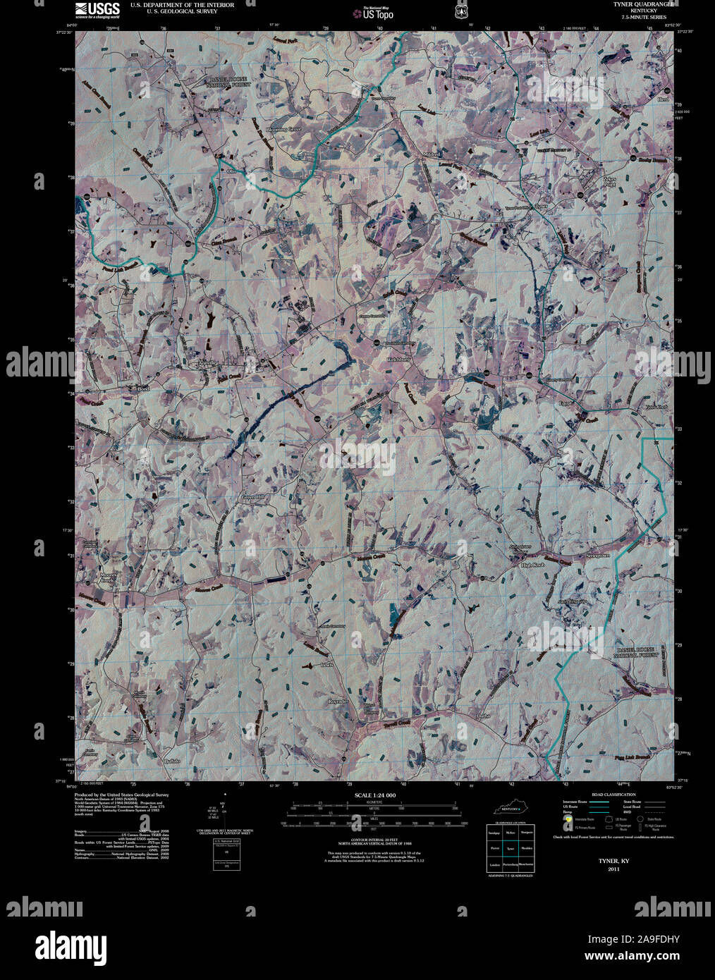 USGS TOPO Map Kentucky KY Tyner 20110124 TM Inverted Stock Photo - Alamy