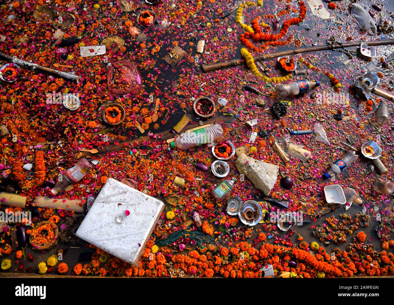 Varanasi, India. 13th Nov, 2019. Garbage floats on Ganga River Bank in ...