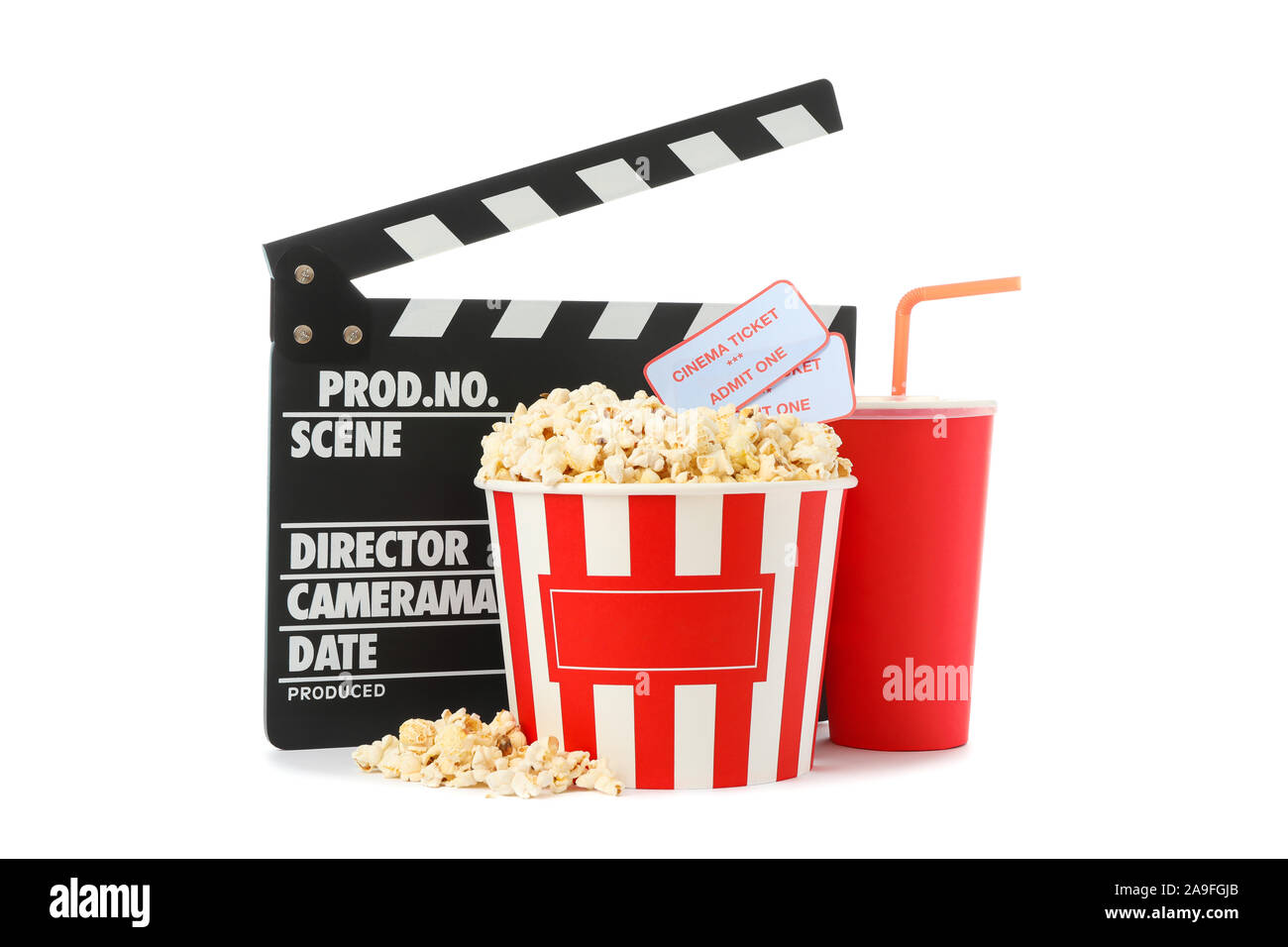 Movie clapper, paper cup, bucket with popcorn and tickets isolated on ...