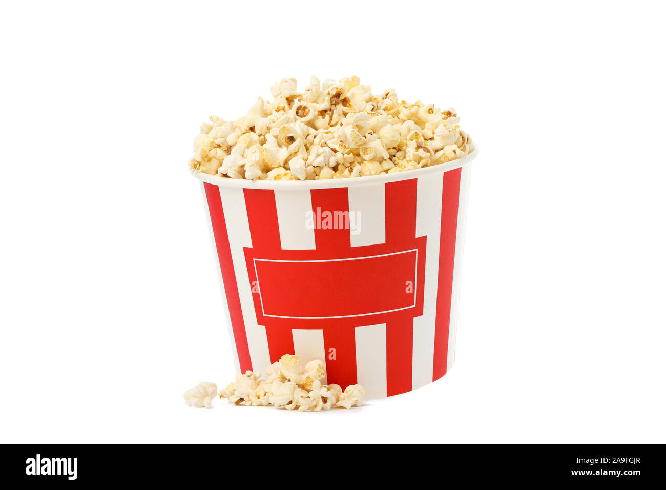 Striped bucket with popcorn isolated on white background Stock Photo ...
