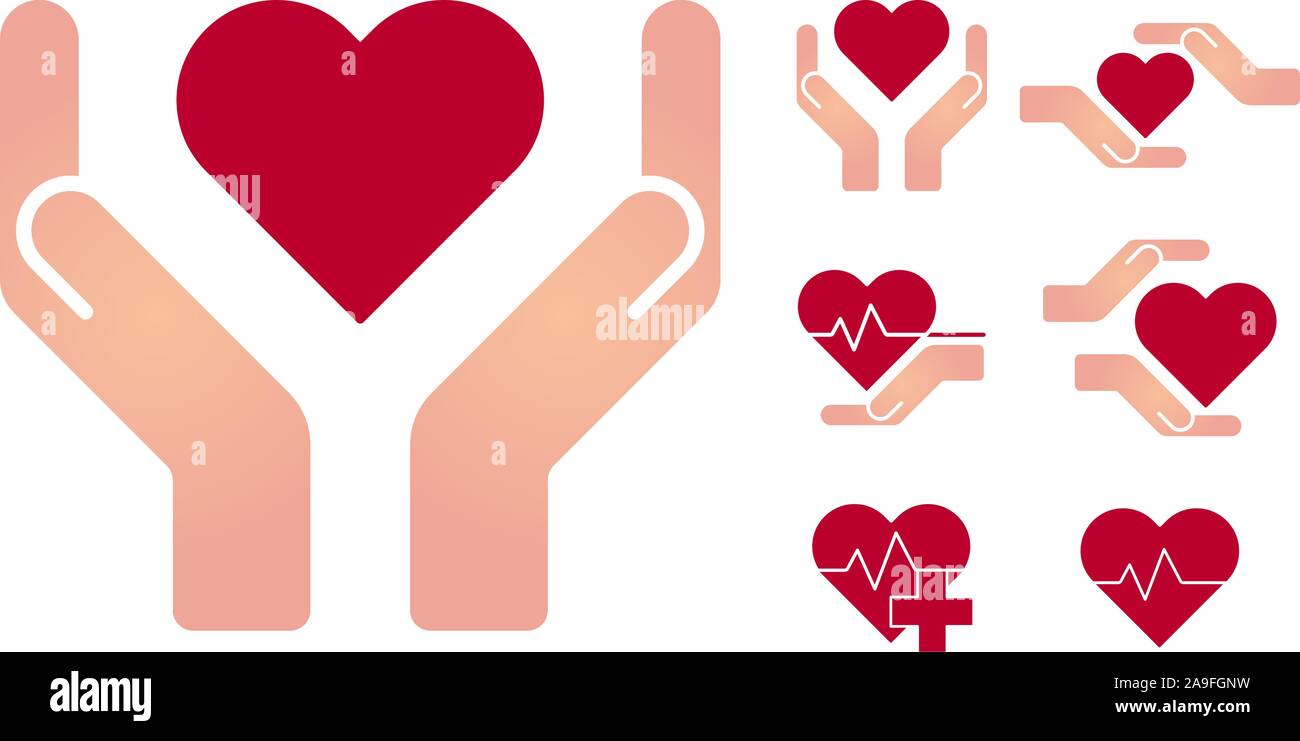 Hands and palms and heartbeat, pulse inside heart shapes. Health care ...