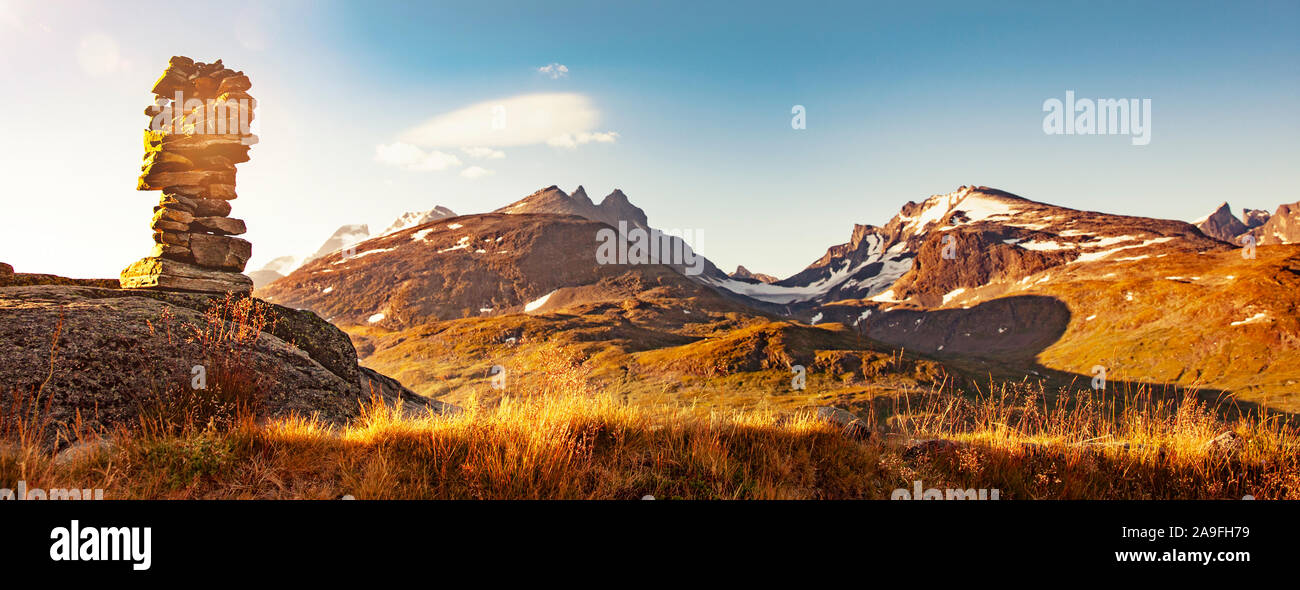 Mountain landscape in Jotunheimen Norway with stone pyramid Stock Photo ...