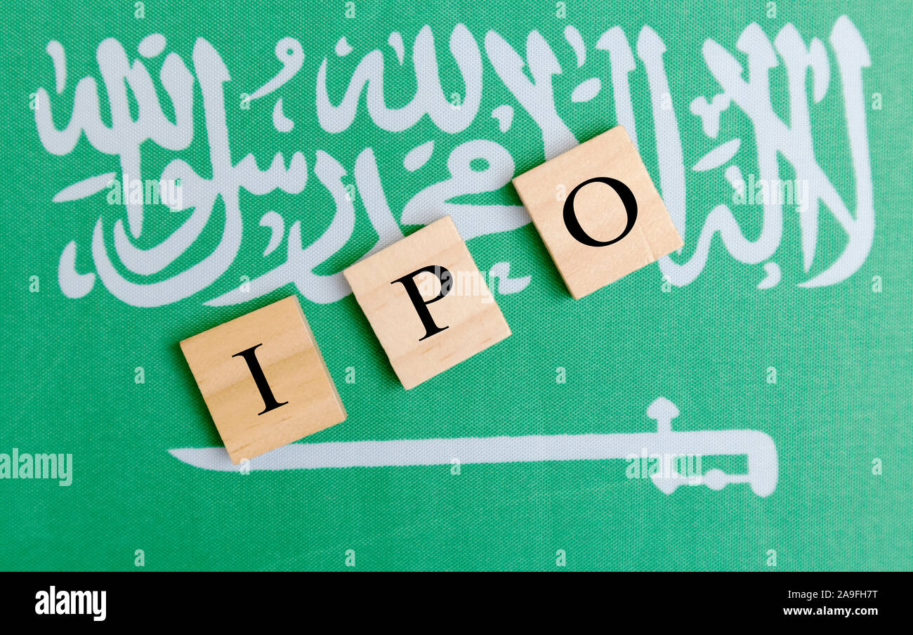 Economic concept IPO or Initial Public Offering on Saudi Arabia flag ...