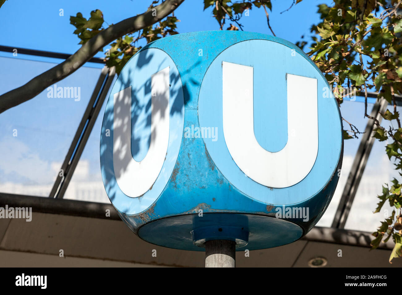 Iconic blue U of a metro station sign of Vienna, Austria, also called U ...