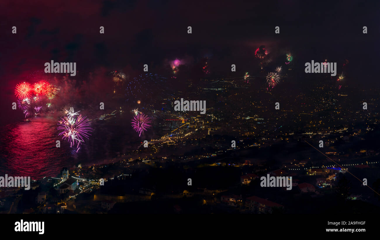 Madeira island celebrating the new year with fireworks over Funchal ...
