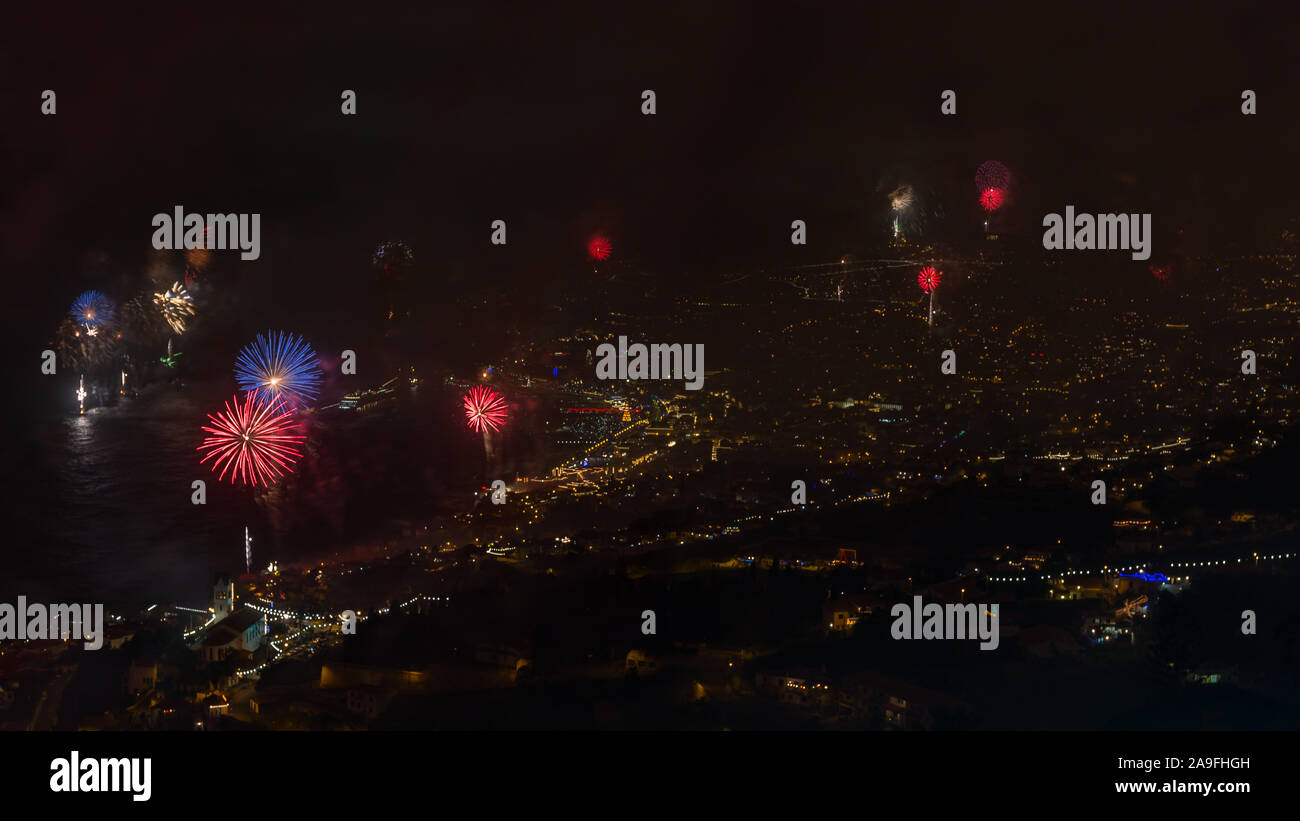 Madeira island celebrating the new year with fireworks over Funchal ...