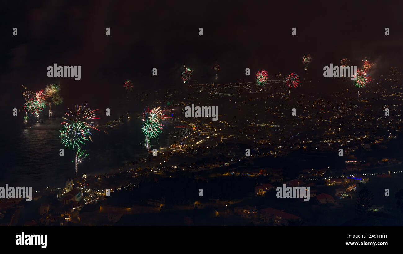 Madeira island celebrating the new year with fireworks over Funchal ...