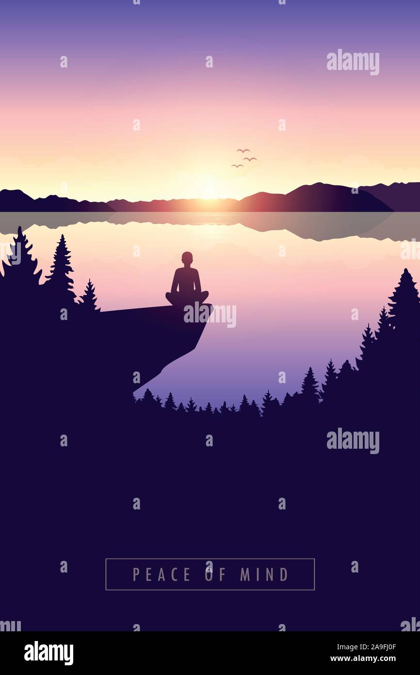 peace of mind person by the lake at sunrise in nature vector ...