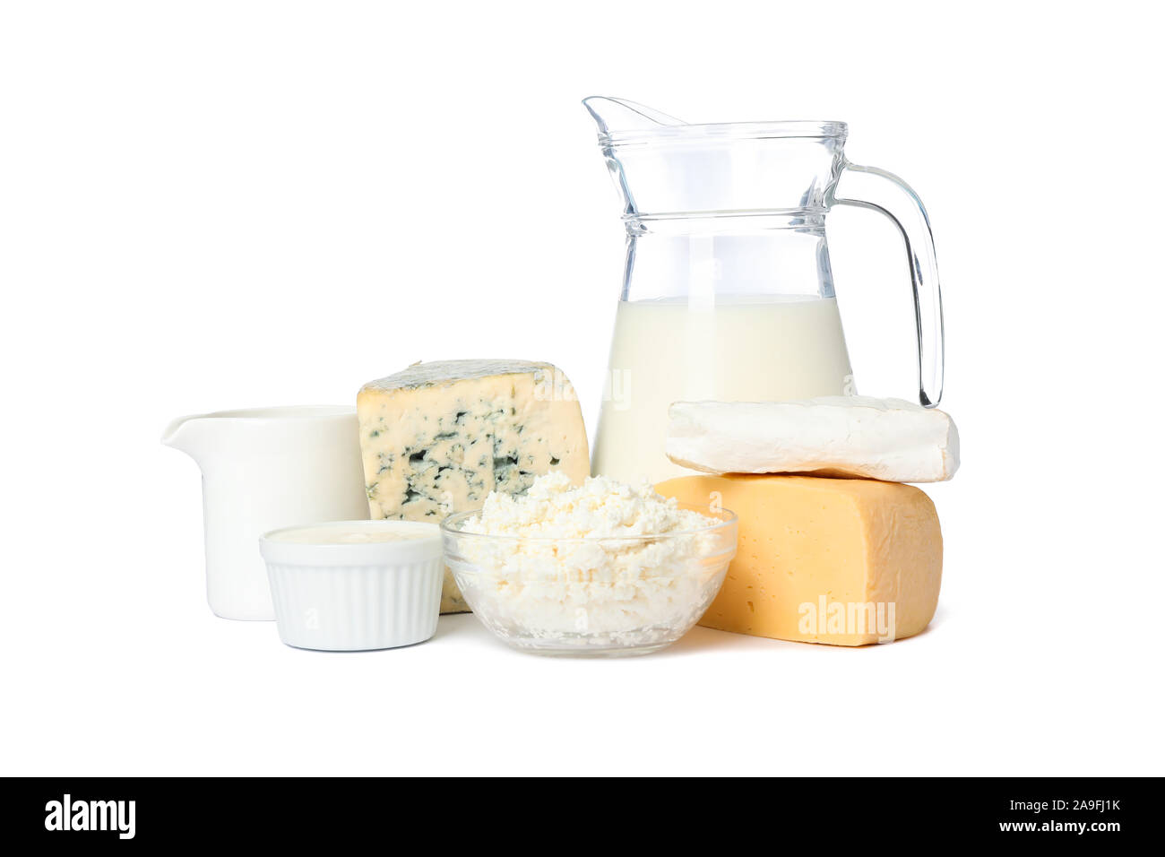 Different types of cheese and milk isolated on white background Stock ...