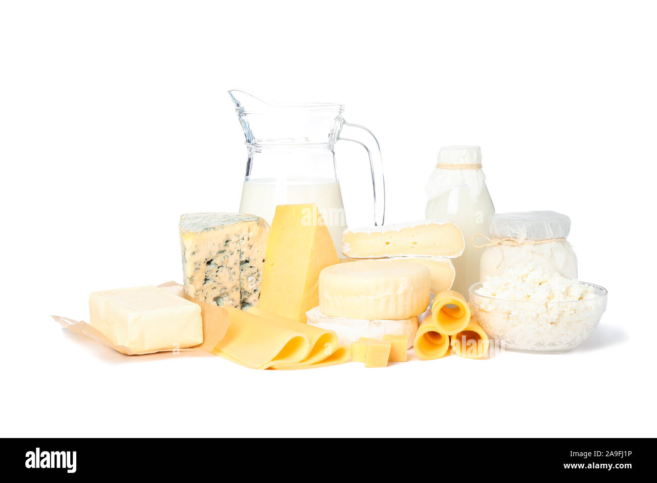 Fresh dairy products isolated on white background. Cheese, milk, butter ...