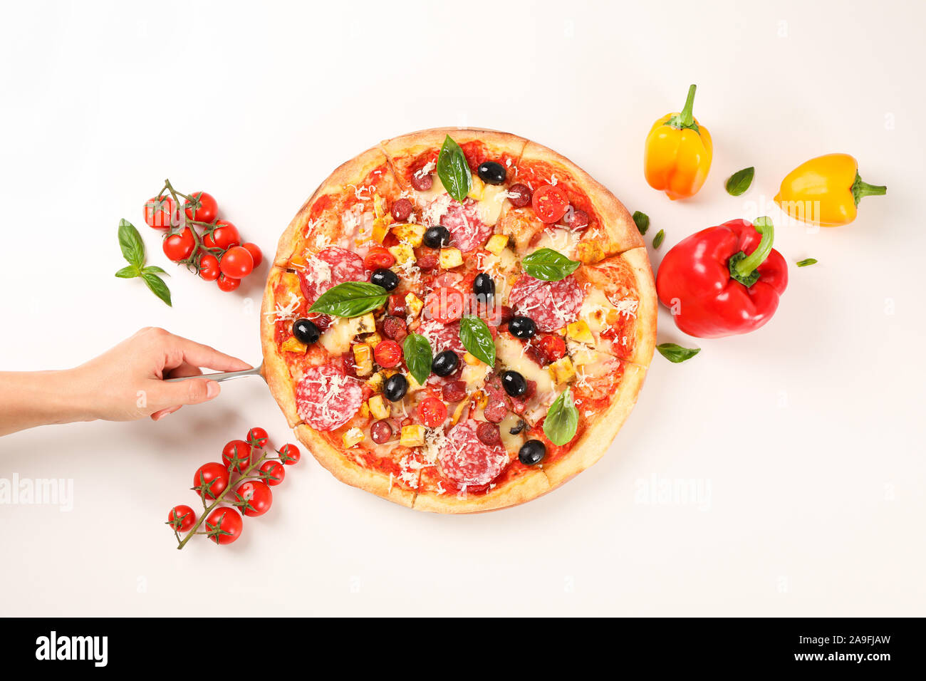 Female hand take pizza piece. Flat lay composition, copy space Stock ...
