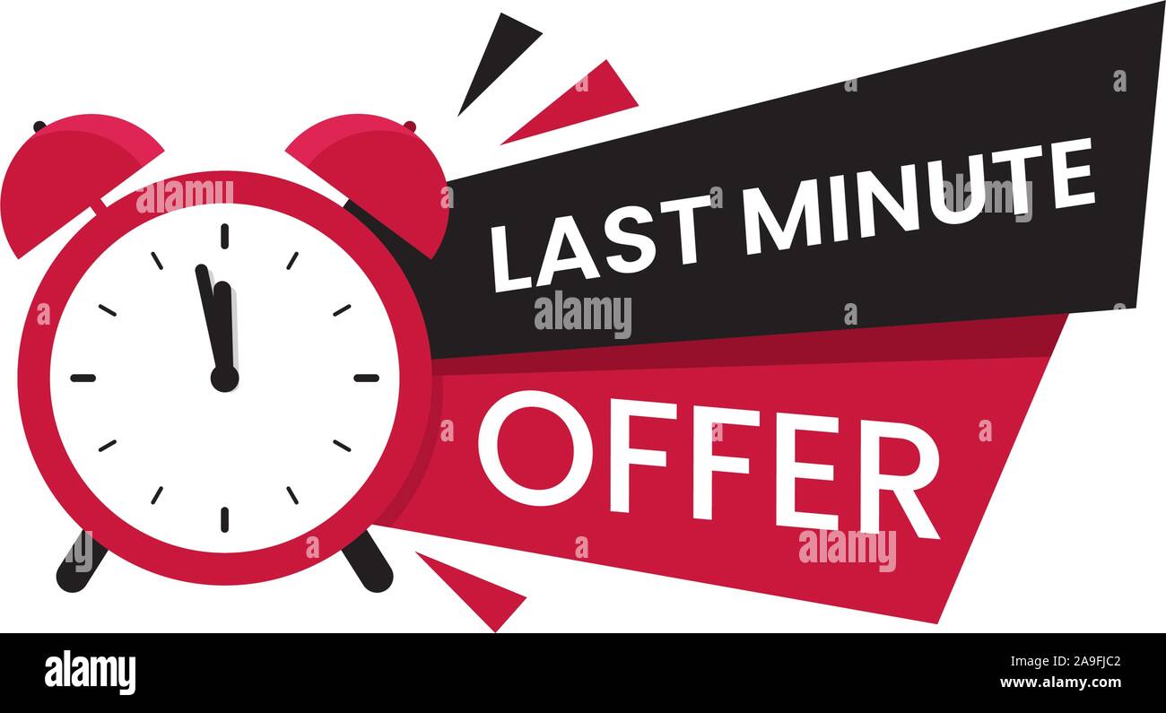 Red last minute offer logo, symbol. Promo with clock and banner. Last ...