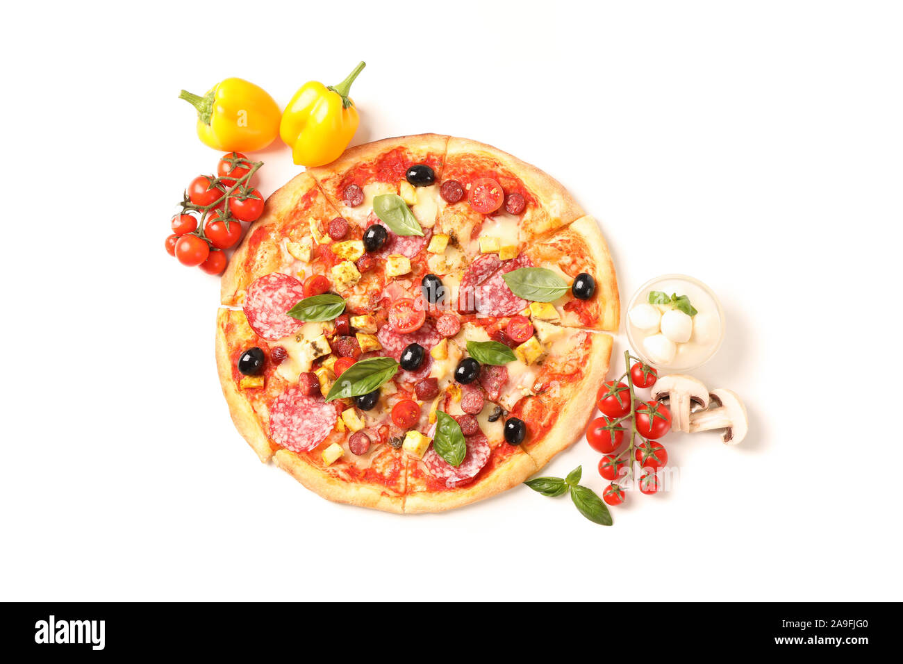Flat lay. Delicious pizza and ingredients isolated on white background ...