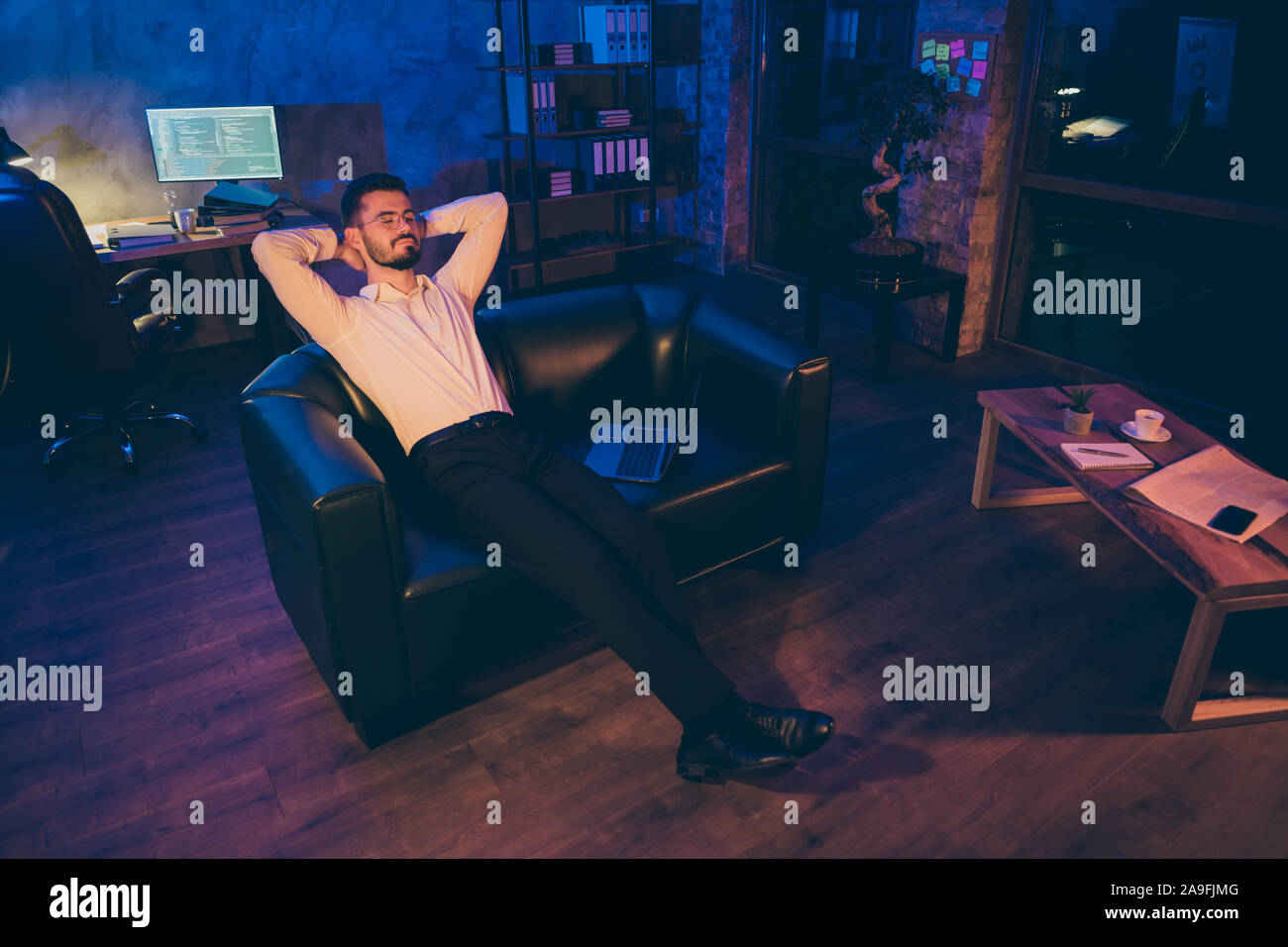 Full length body size photo of successful man having finished his ...