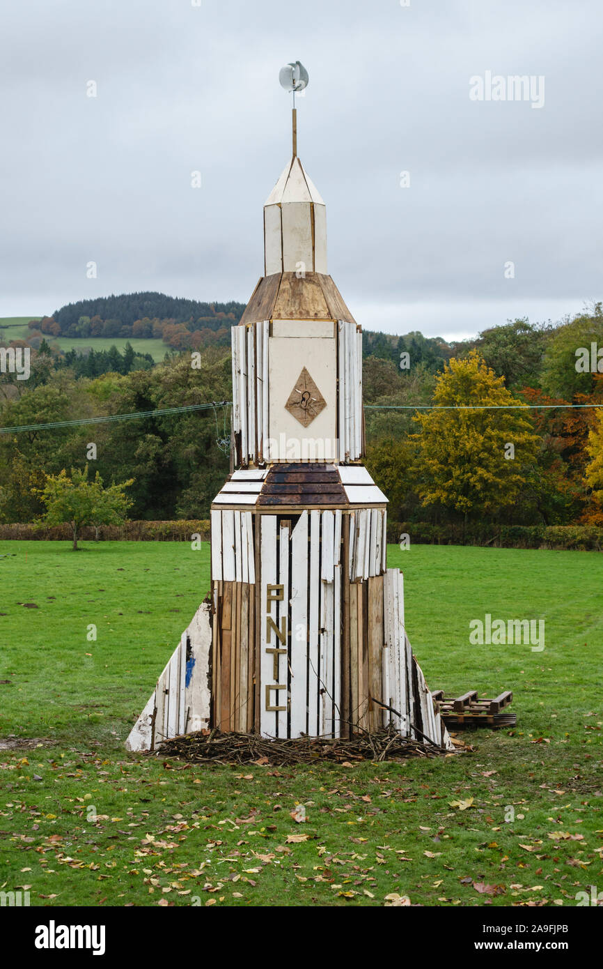 Bonfire Night 2019, Presteigne, Powys. A bonfire built in the shape of ...