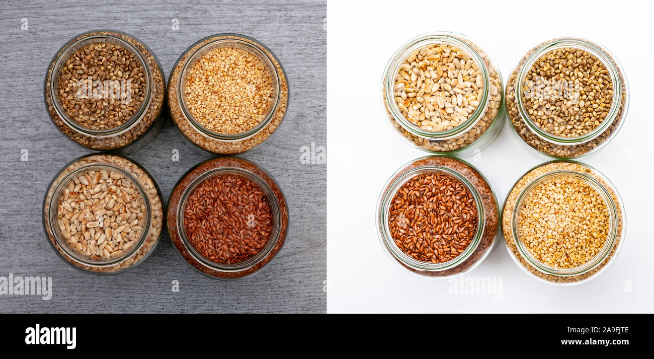Seeds and seeds in glass on white and black background Stock Photo - Alamy