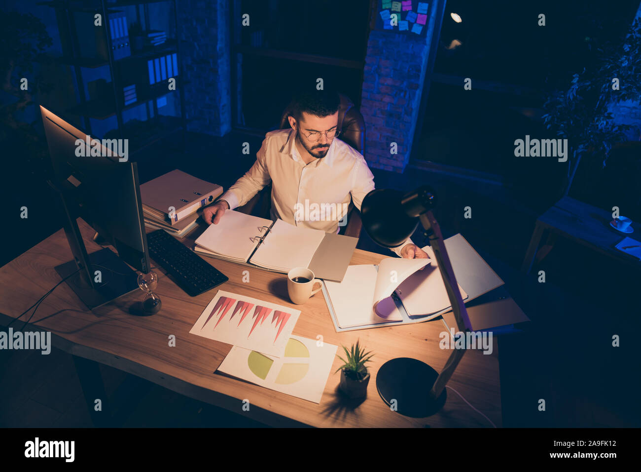 Top above high angle photo of focused broker man want find more ...