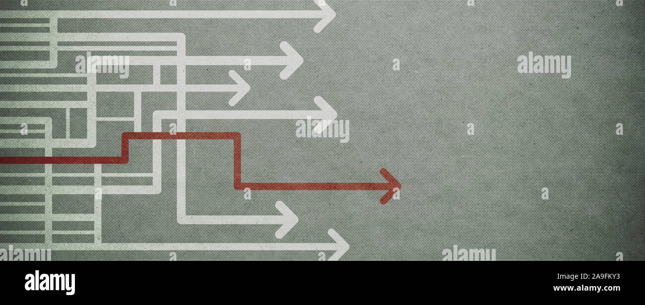 Conceptual background with intricate arrows, one arrow is standing out ...