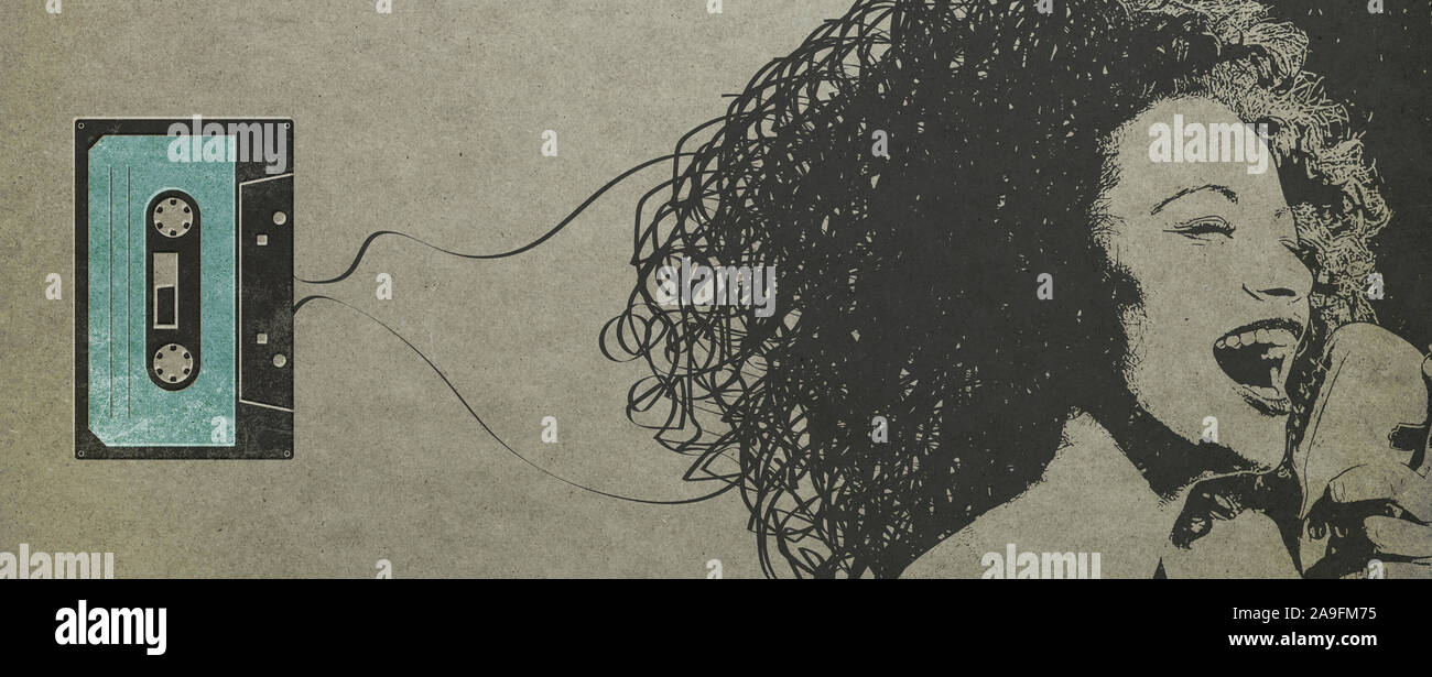 Portrait of a singer made with vintage cassette tape, music and art ...