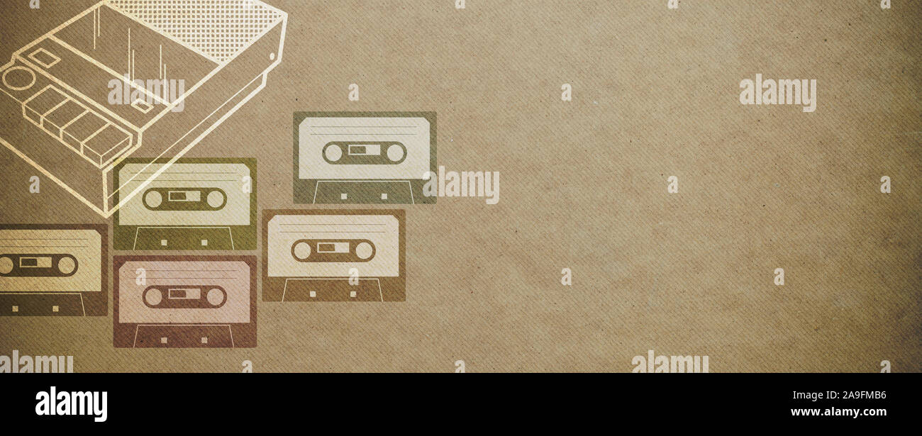 Vintage recorder and cassette tape on textured background, retro ...