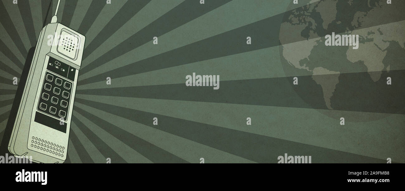 Retro telecommunications poster with vintage cordless telephone and ...